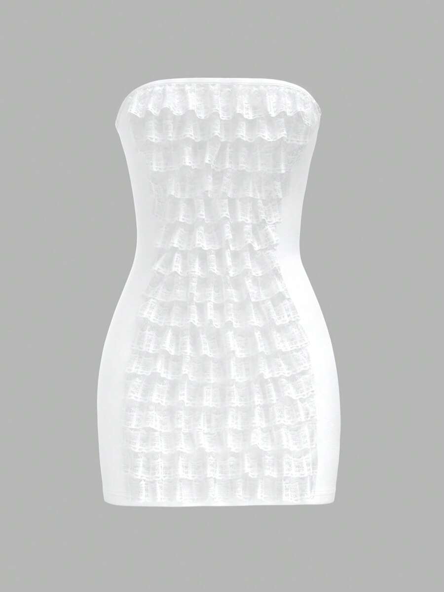 Sweetina Solid Color Strapless Multi-Layer Lace Splicing Sleeveless ...