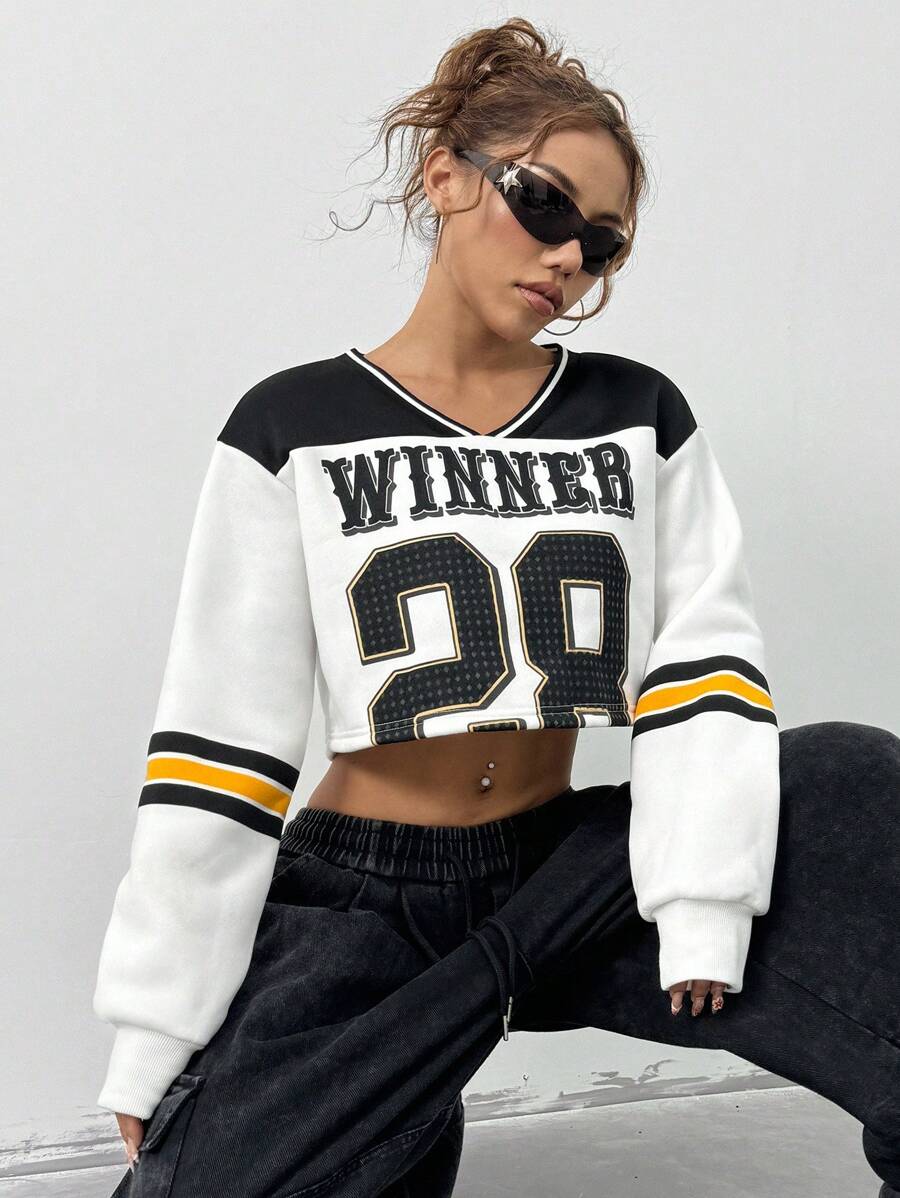 StreetHx Simple Color Block College Style Cropped Sweatshirt | SHEIN USA