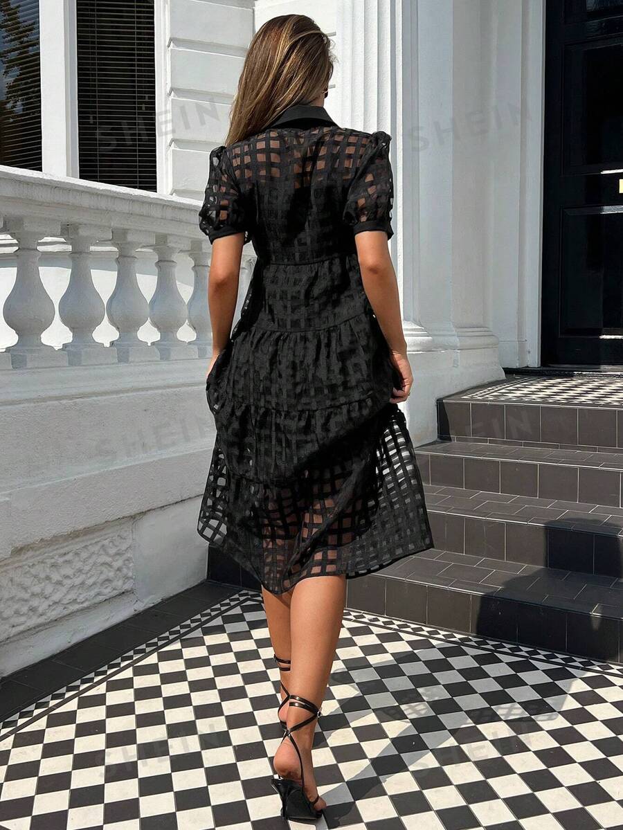 SHEIN Essnce Women's Square Jacquard Plaid Midi Dress, Black | SHEIN UK