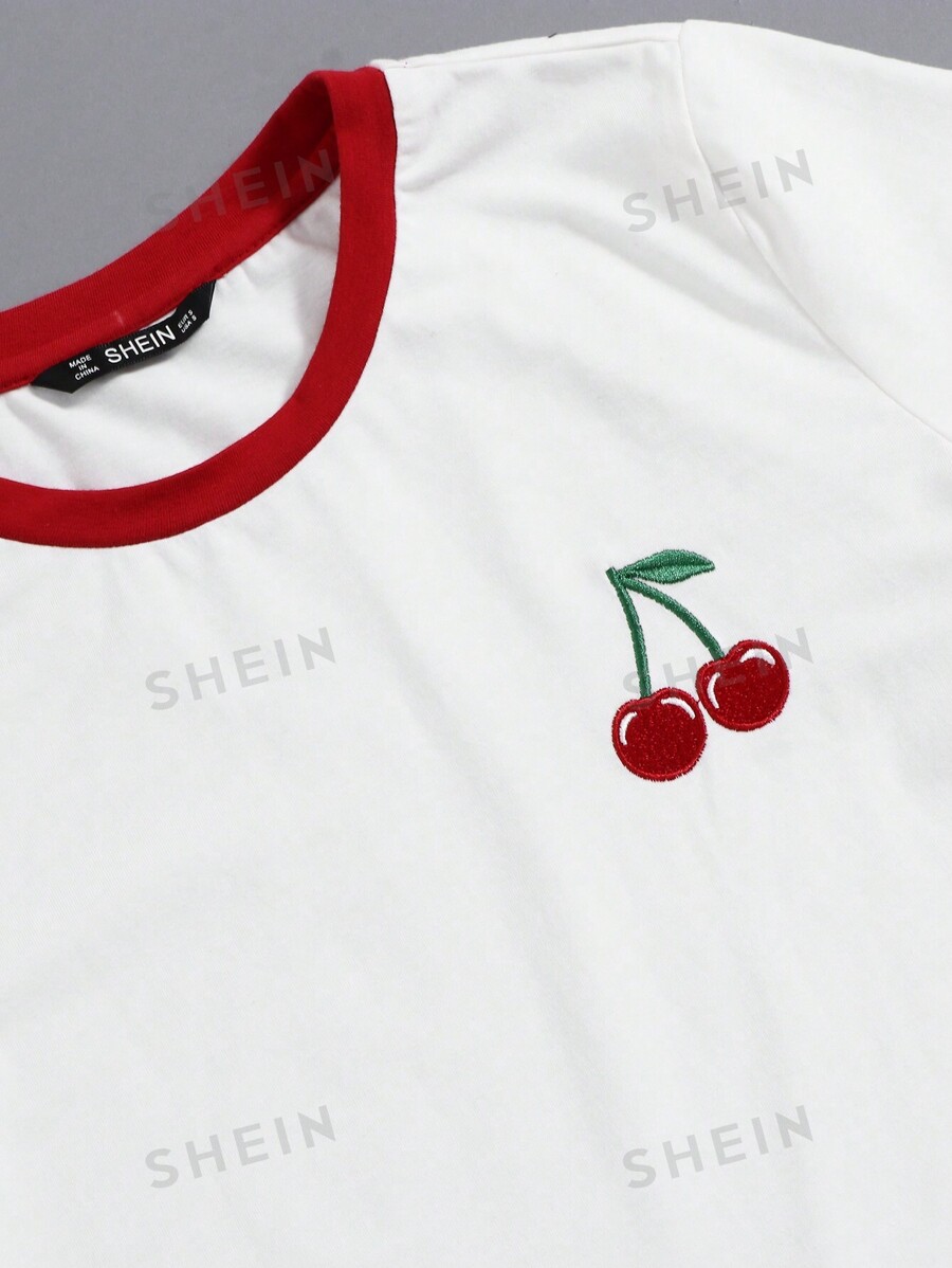 SHEIN EZwear Summer Contrast Color Crew Neck Embroidery Cherry Ringer ...