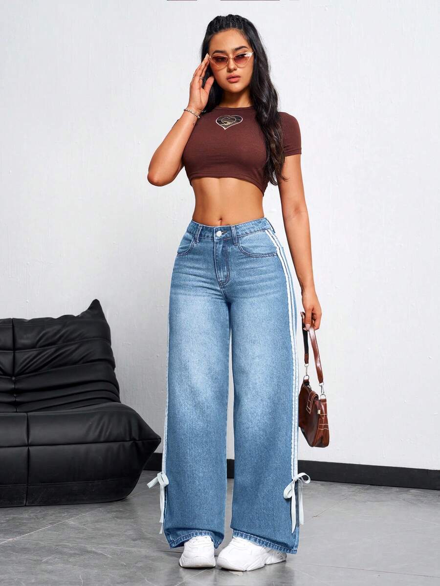 SHEIN EZwear Women's Casual Color Block Denim Pants With Tie | SHEIN USA