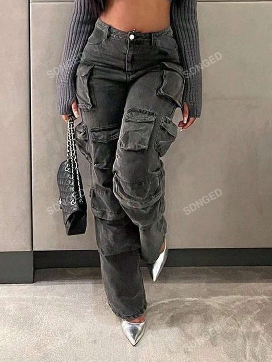 Ladies' Imitation Denim Washed Cargo Pants,Ladies Winter Casual Button ...