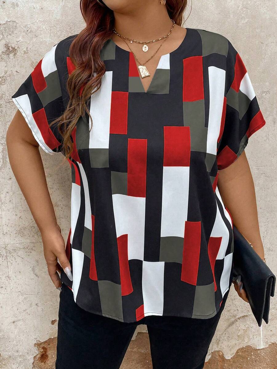 EMERY ROSE Plus Size Allover Print Short Sleeve Shirt, Casual Everyday ...