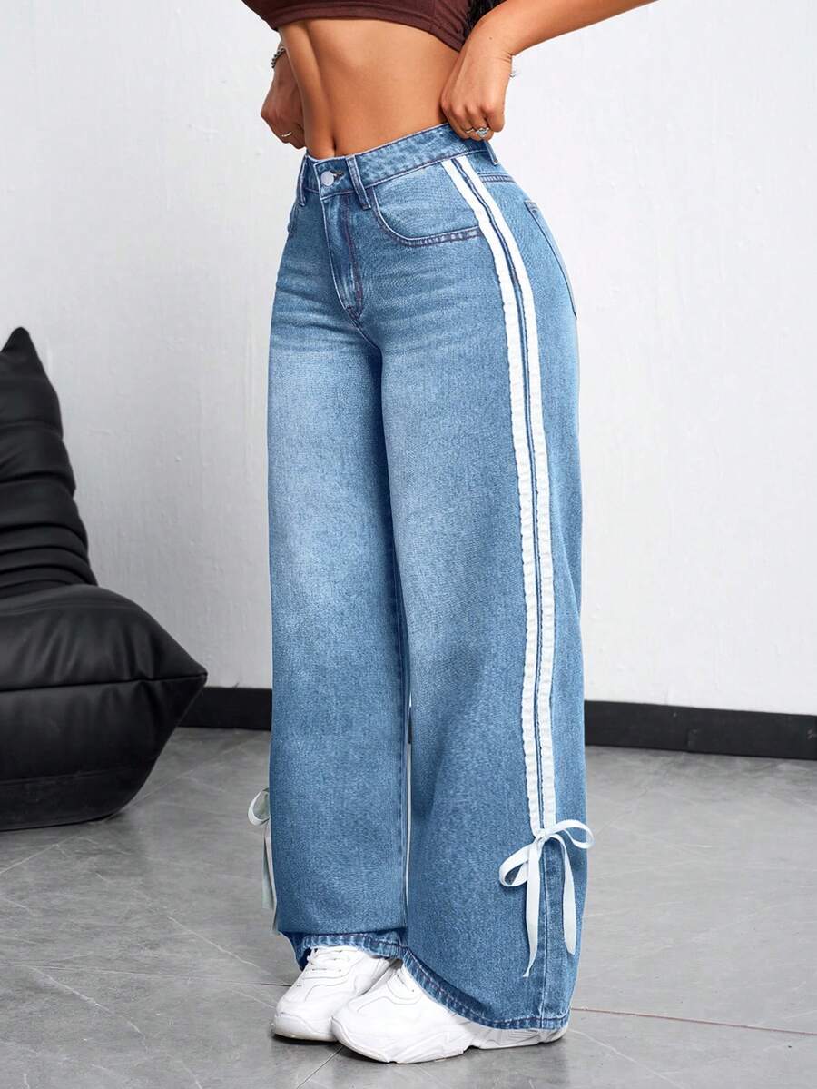 SHEIN EZwear Women's Casual Color Block Denim Pants With Tie | SHEIN USA