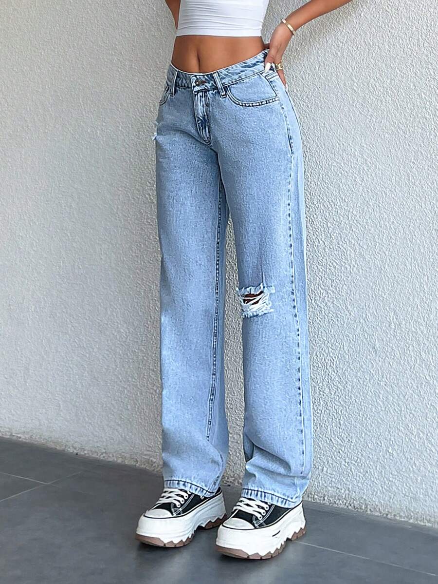 RueChic LOW RISE BOYFRIEND CUT RIPPED Y2K STYLE JEAN | SHEIN USA