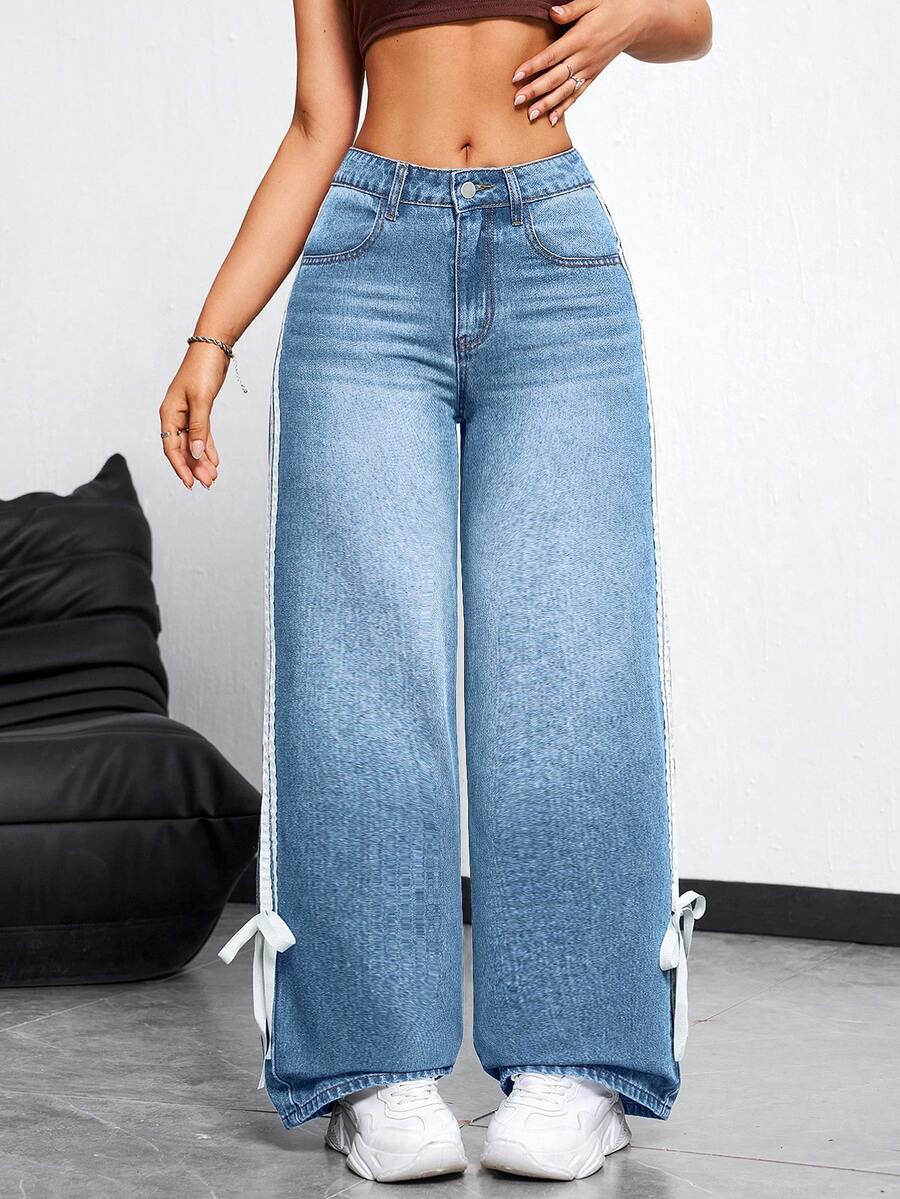 SHEIN EZwear Women's Casual Color Block Denim Pants With Tie | SHEIN USA