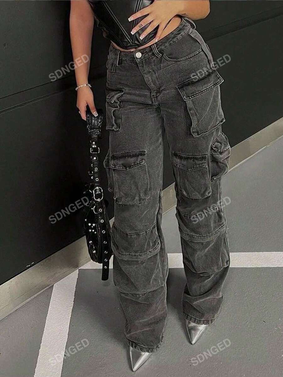 Ladies' Imitation Denim Washed Cargo Pants,Ladies Winter Casual Button ...