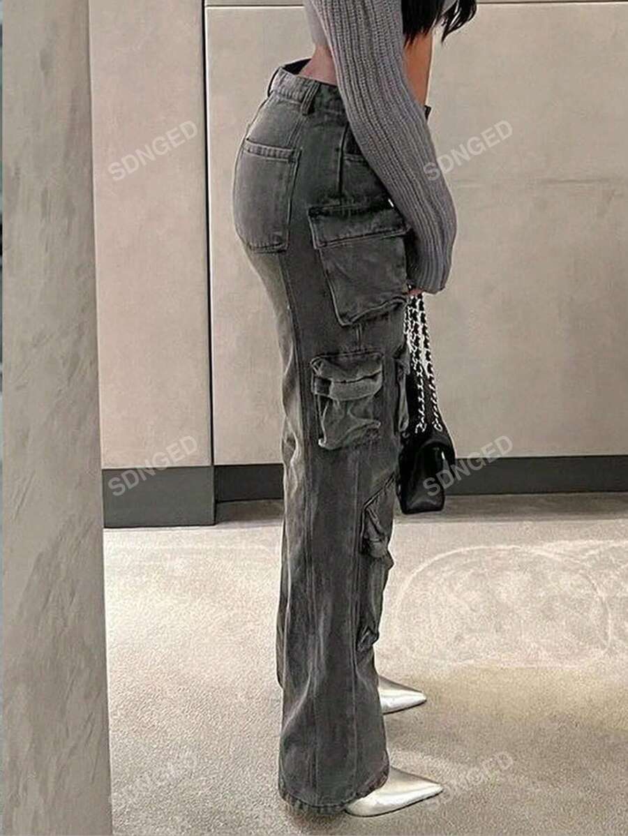 Ladies' Imitation Denim Washed Cargo Pants,Ladies Winter Casual Button ...