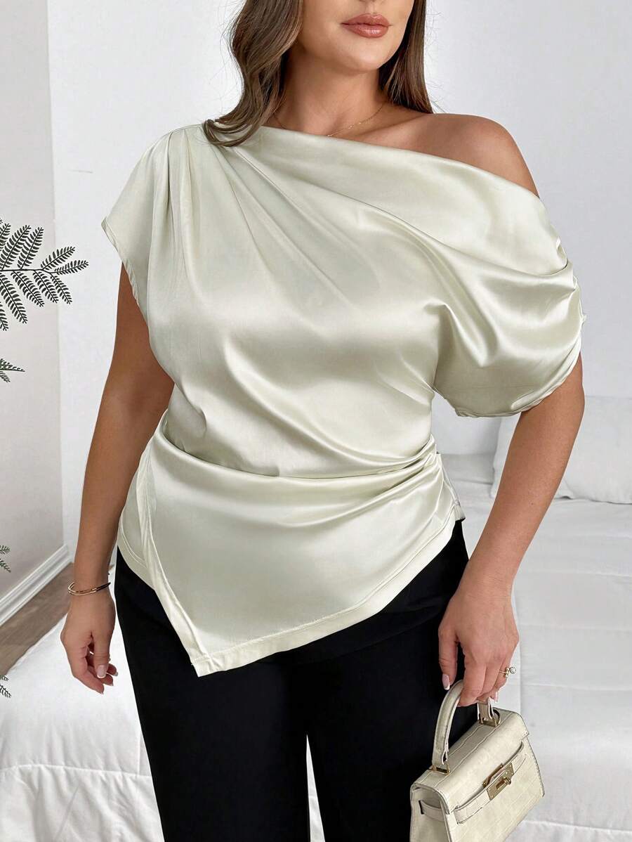 SHEIN Privé Plus Size Women's Solid Color One Shoulder Pleated Summer ...