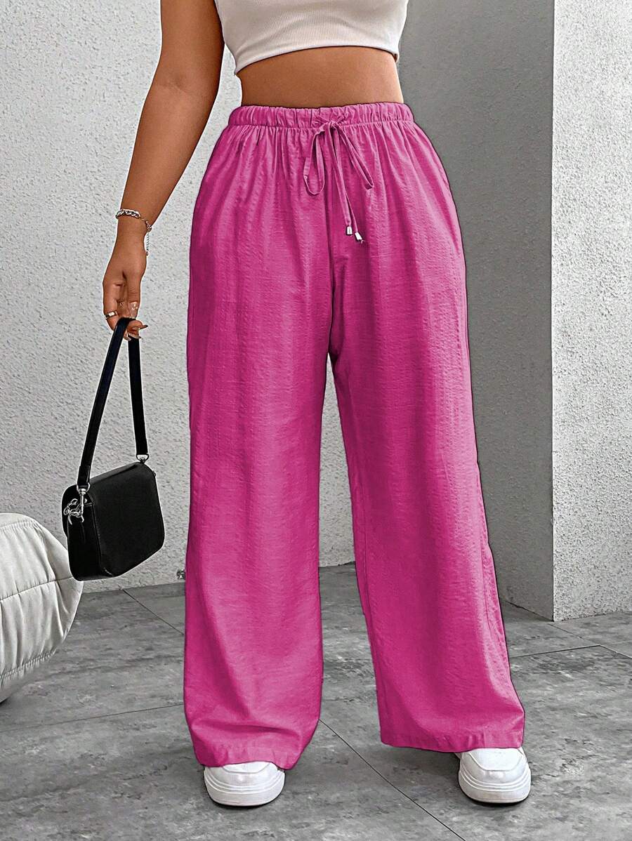 Flirla Plus Size Drawstring Loose Straight-Leg Comfortable Daily Casual ...