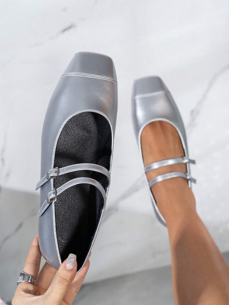 French Style Simple Silver Flat Square Toe Ballet Shoes Mary Jane Flats ...