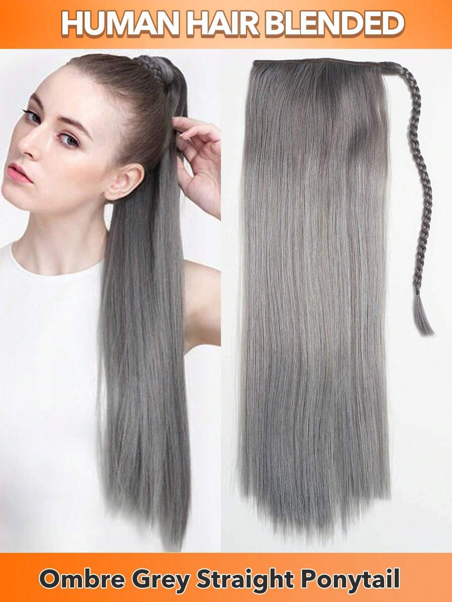 Ombre Grey Straight Ponytail Human Hair Blend Wrap Aroud Ponytail 22 ...