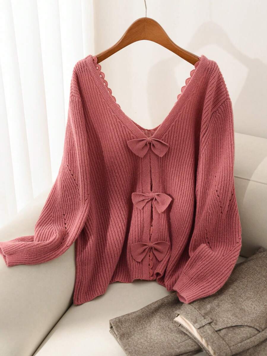 CosyJoli Plus Size Lace Splicing V-Neck Sweater With Bowknot Decoration ...