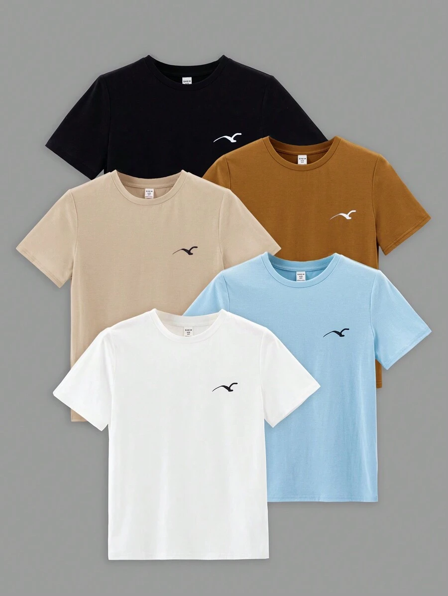 5pcs Loose-Fit Casual Round Neck Patterned Short Sleeve T-Shirts For ...