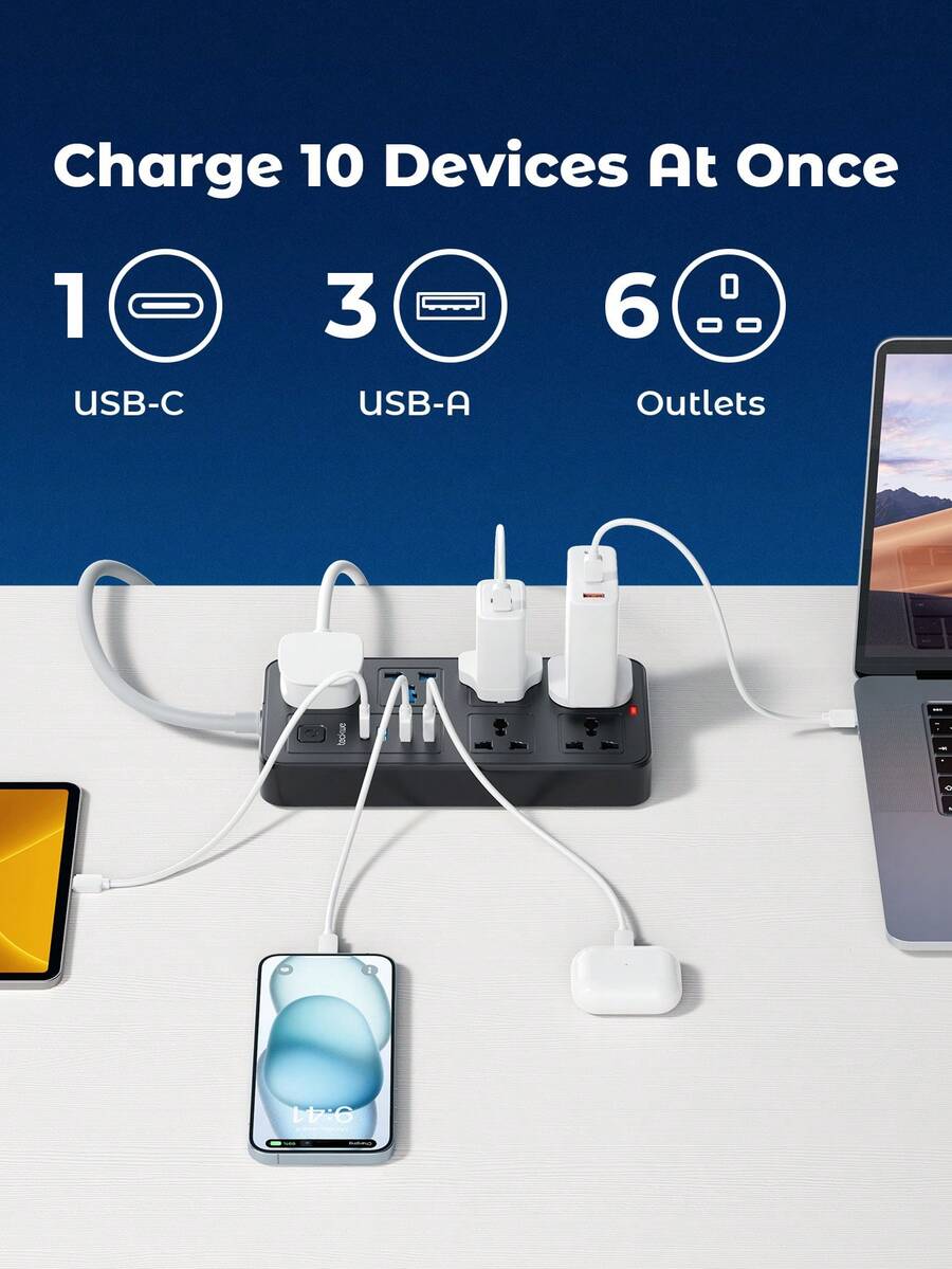 Teckwe Regleta eléctrica con 6 tomas de corriente y 3 puertos USB 1 ...