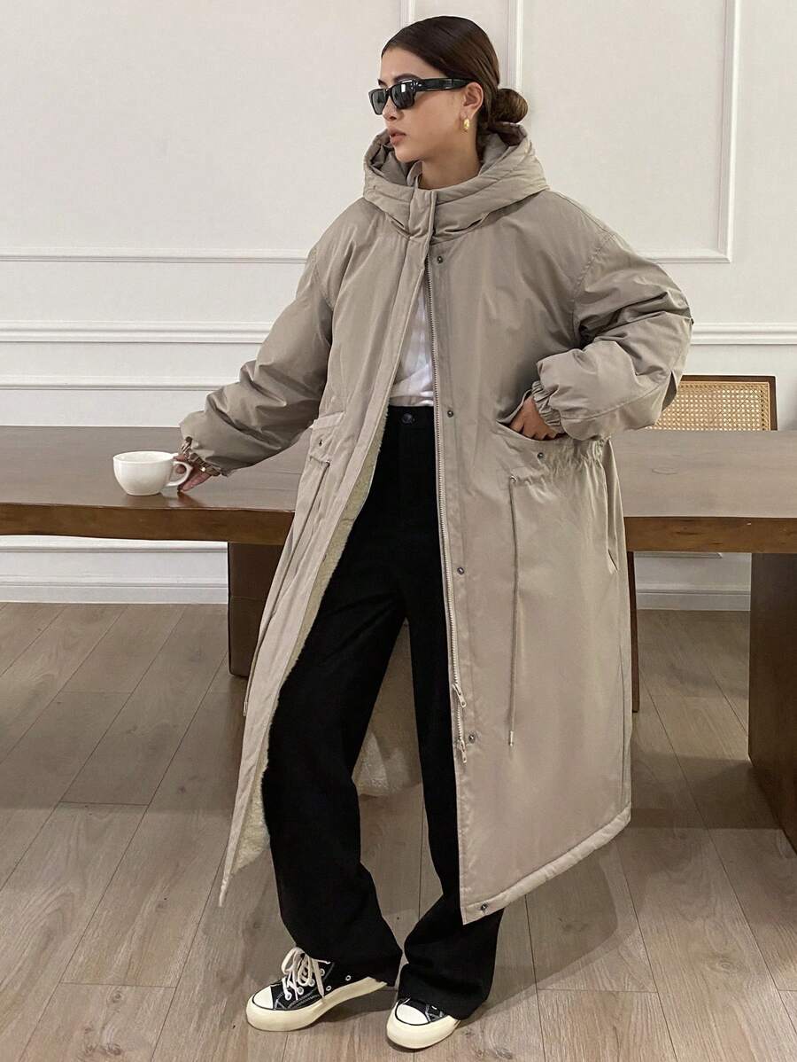 DAZY Women's Casual Solid Color Drawstring Waist Hooded Thermal Lined ...