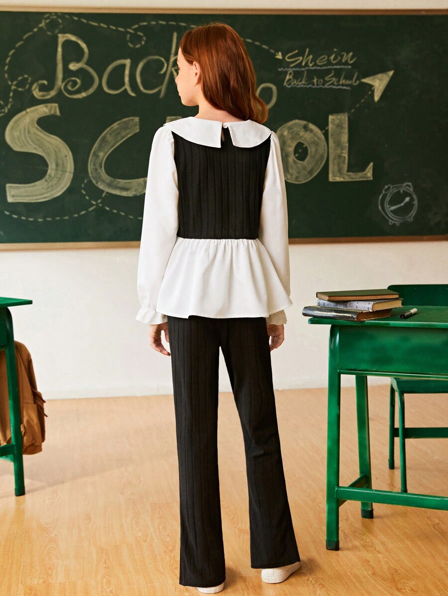 Tween Girl Casual Peter Pan Collar Long Sleeve Shirt And Pants Two ...