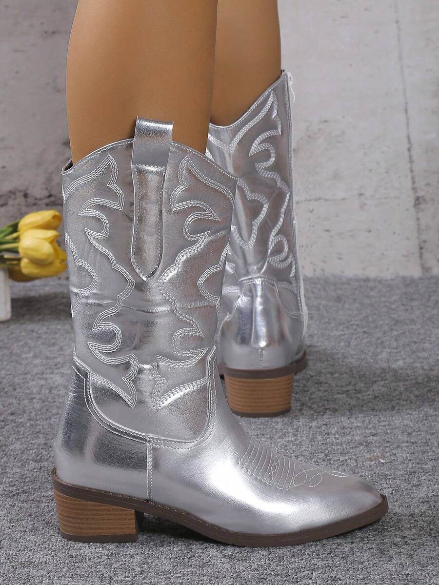 ROMWE Grunge Punk New Summer Women's Retro Silver Pointed-Toe Western Style Work Boots, Knight ...