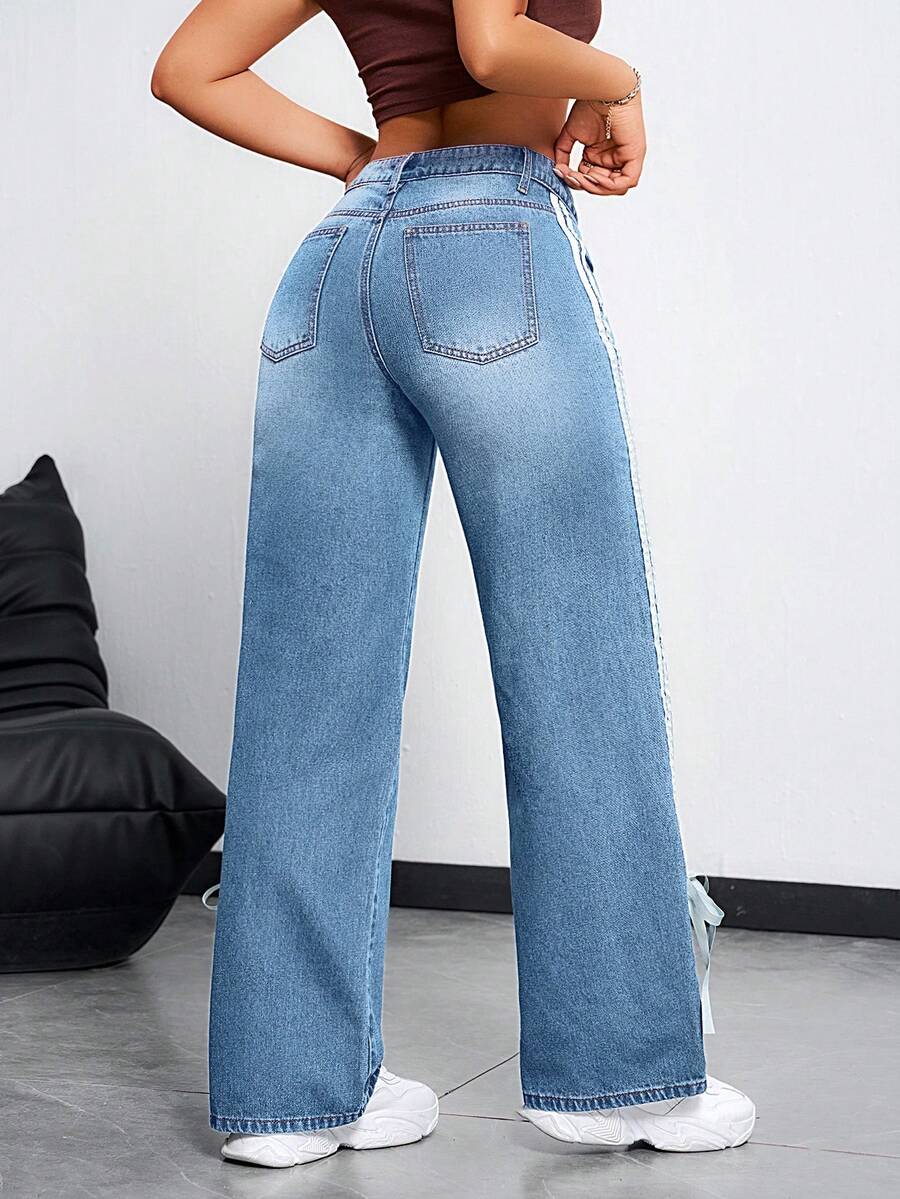 SHEIN EZwear Women's Casual Color Block Denim Pants With Tie | SHEIN USA