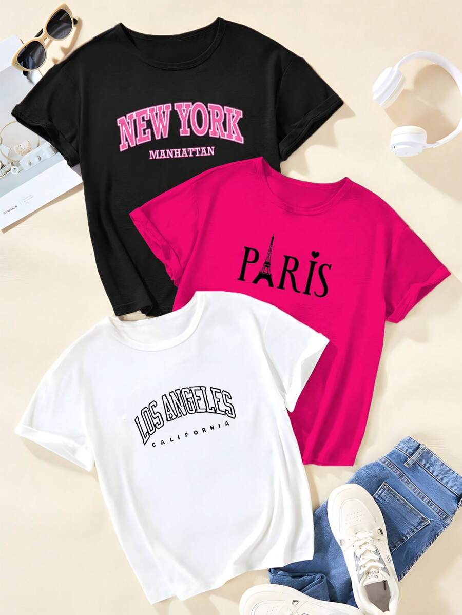 Teen Girls' 3-Piece Set Of Short Sleeve T-Shirts With Unique Letter ...