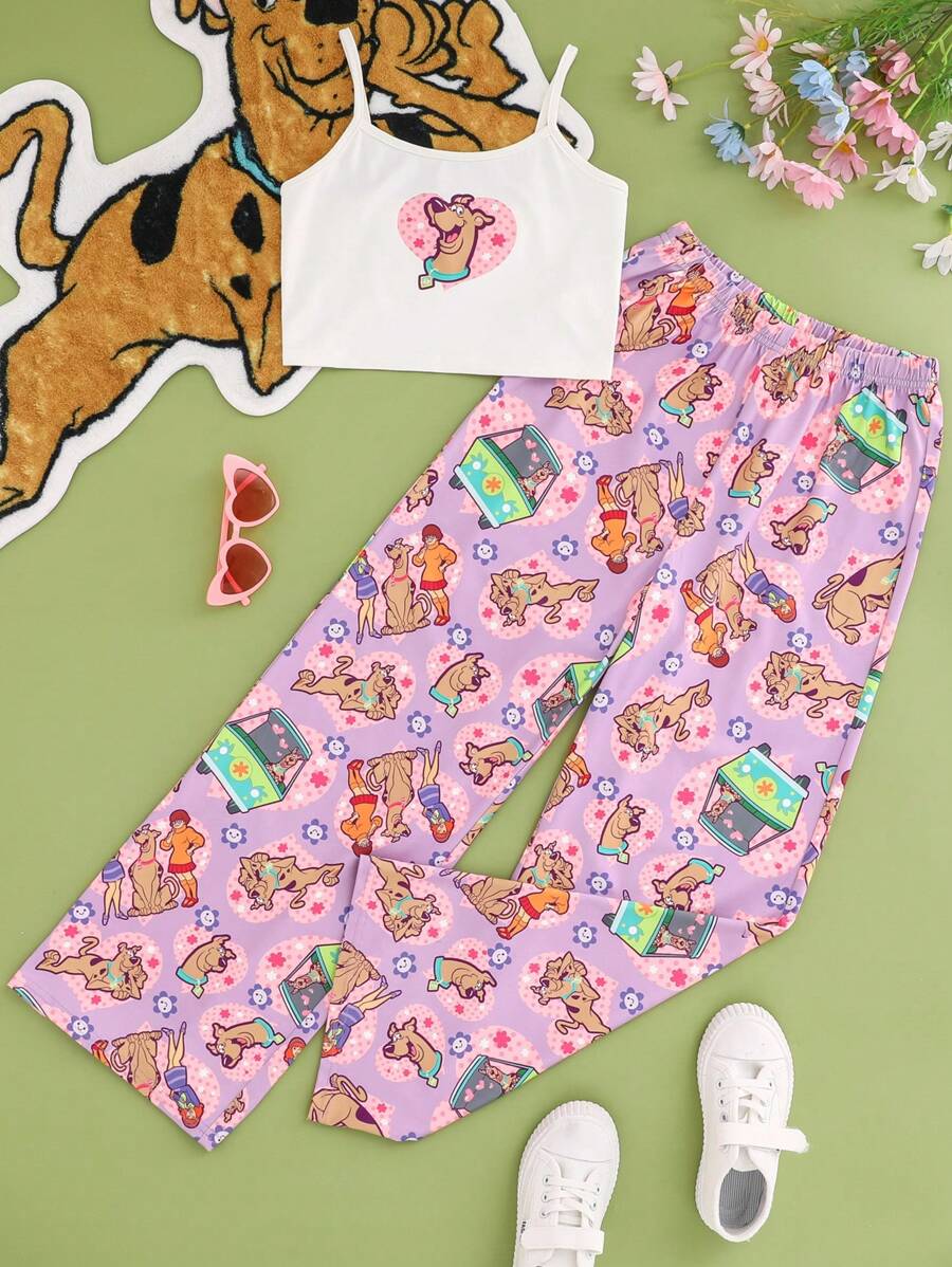 SCOOBY-DOO X SHEIN Tween Girl Cartoon Print White Cami Top And Pink ...