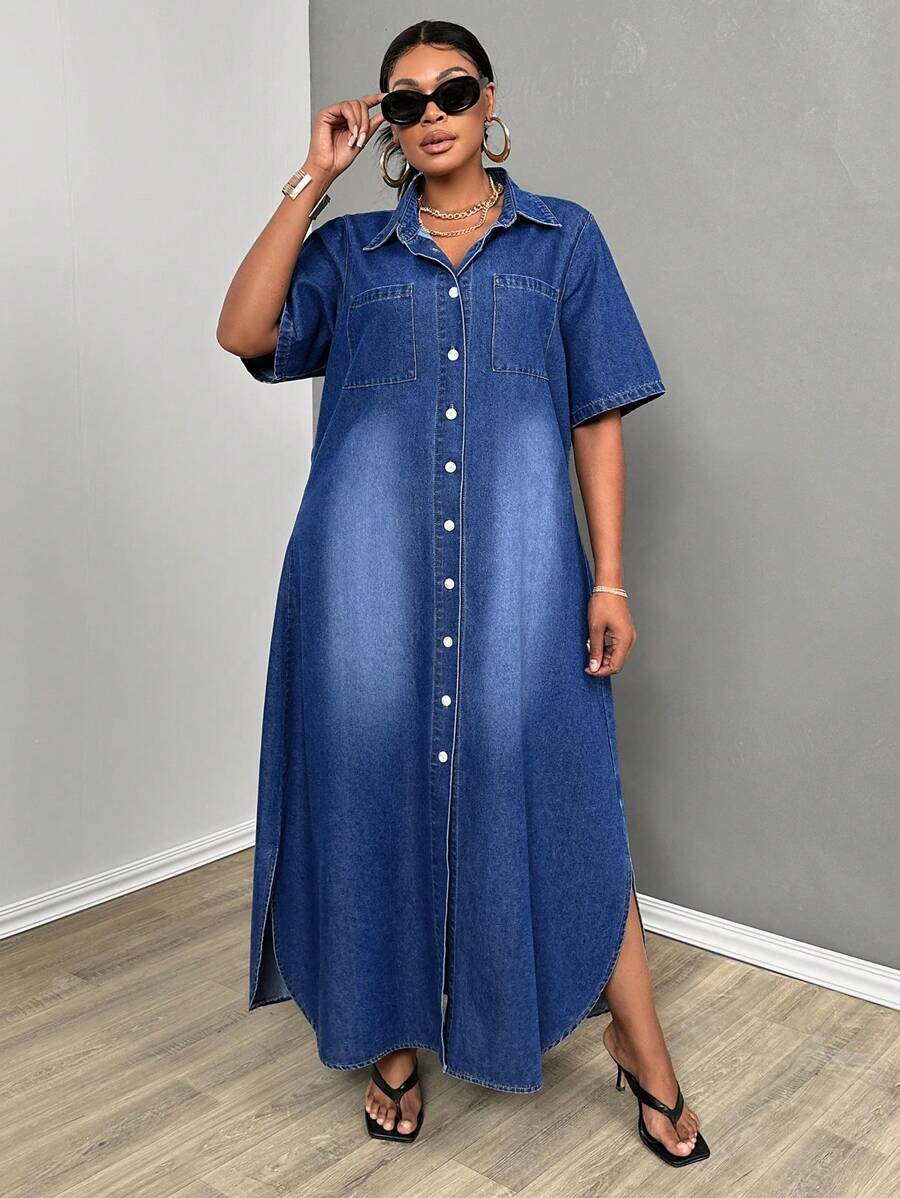 SHEIN Lady Vestido Denim Azul Plus Size Vestido Camisa Longo com Manga Média Sexy Roupas de ...