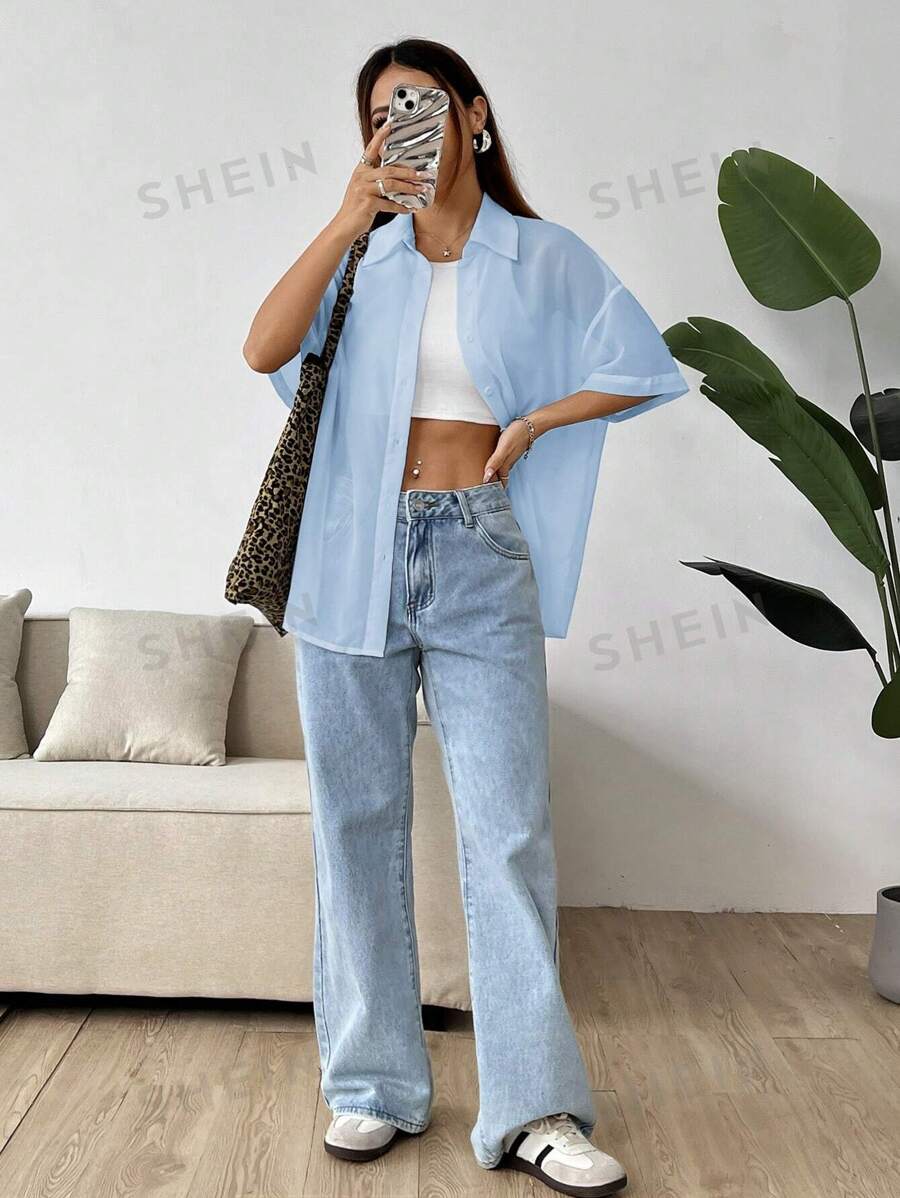 SHEIN EZwear Vintage Casual Light Blue Sheer Music Festival Women's ...
