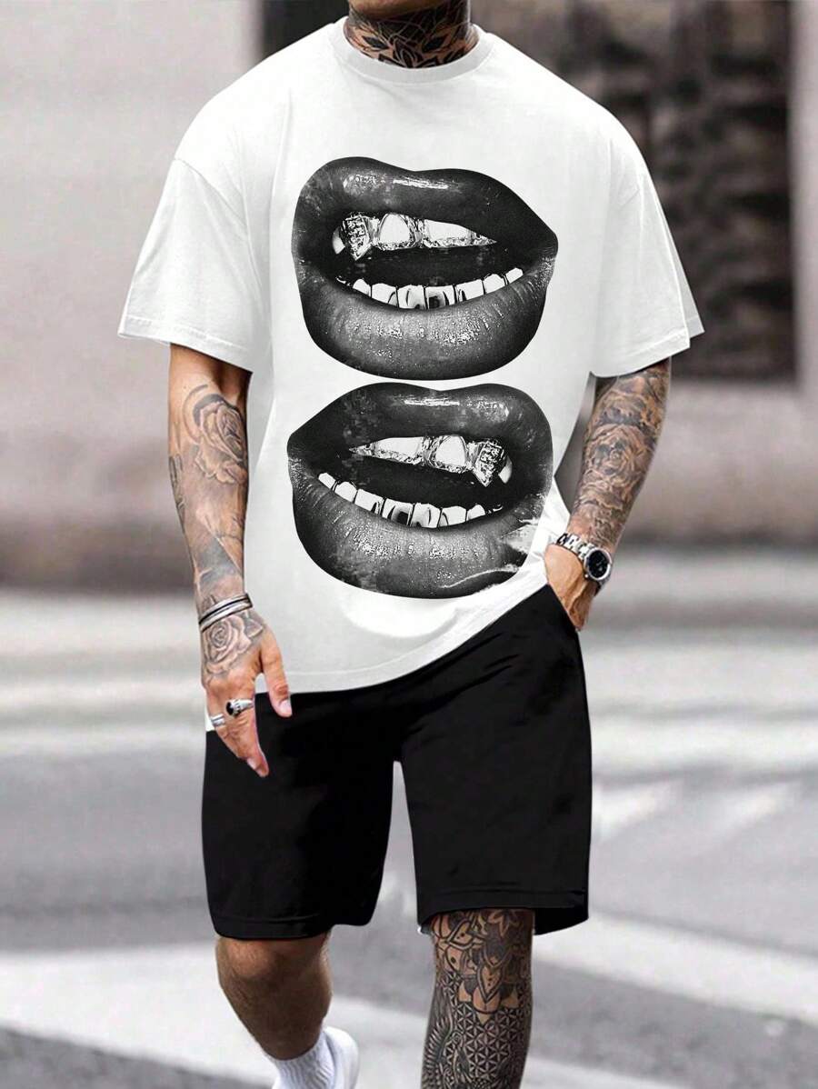 Manfinity EMRG Men's Street-Style Vintage Gray Lips Sexy Photo Print White Knitted T-Shirt ...