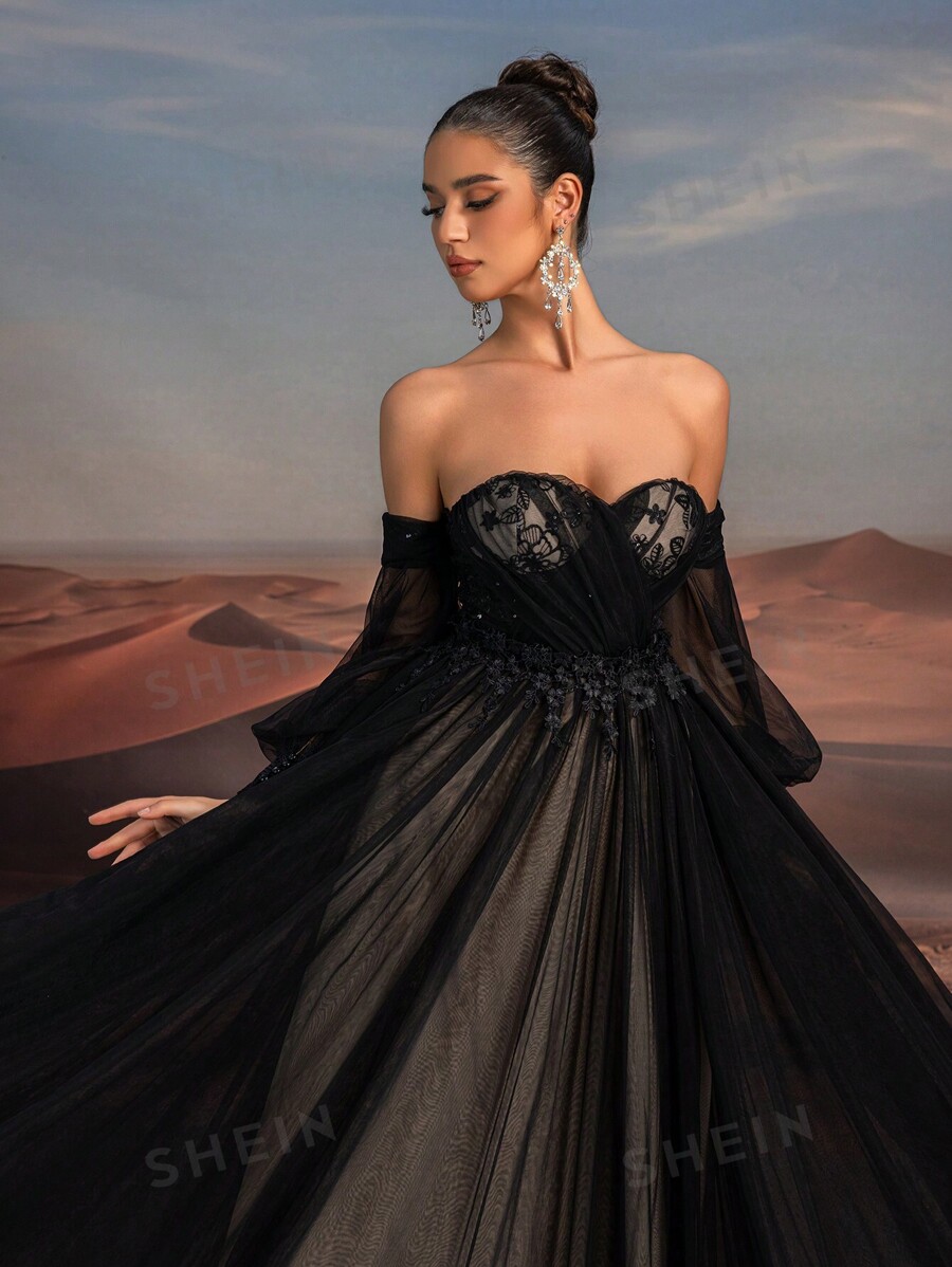 SHEIN Belle Elegant Bubble Mesh Lace Wedding Dress With Sheer Back And ...