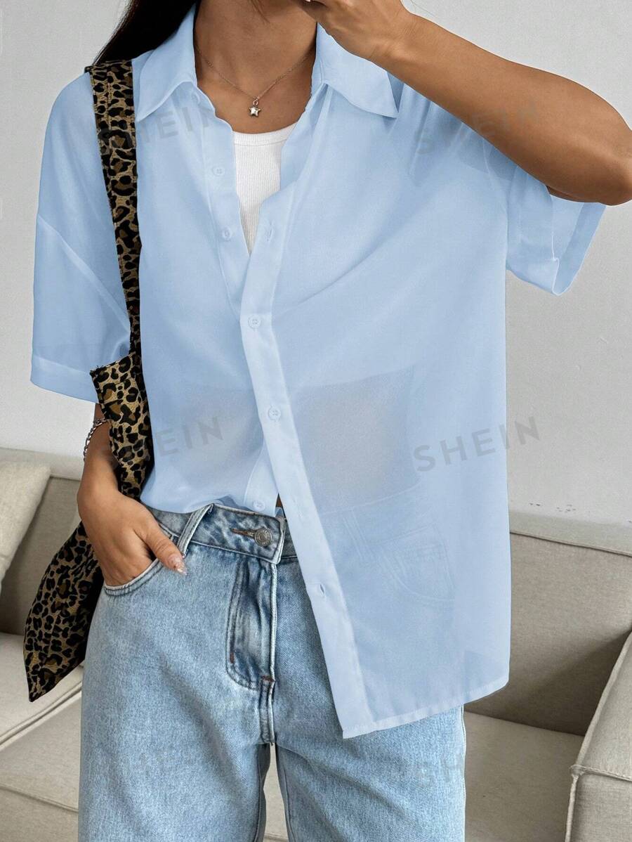 SHEIN EZwear Vintage Casual Light Blue Sheer Music Festival Women's ...