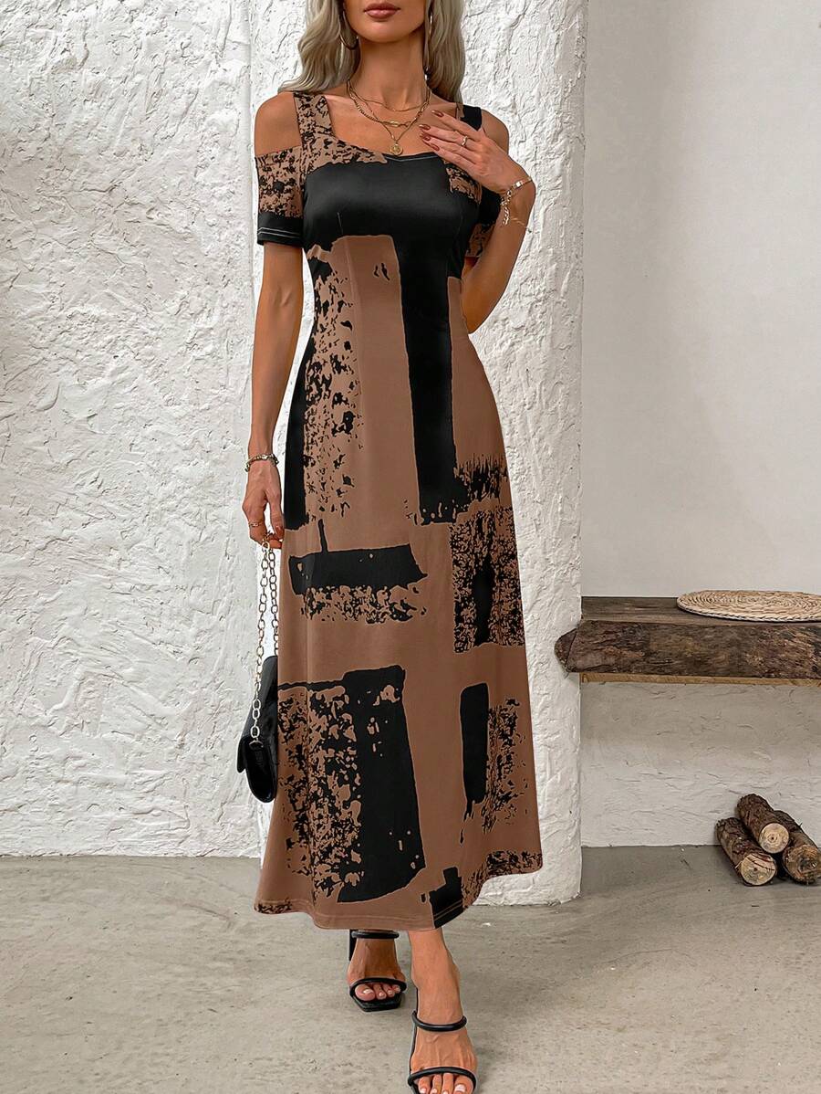 SHEIN Clasi Women's Open Shoulder Short Sleeve Dress With Random Print ...