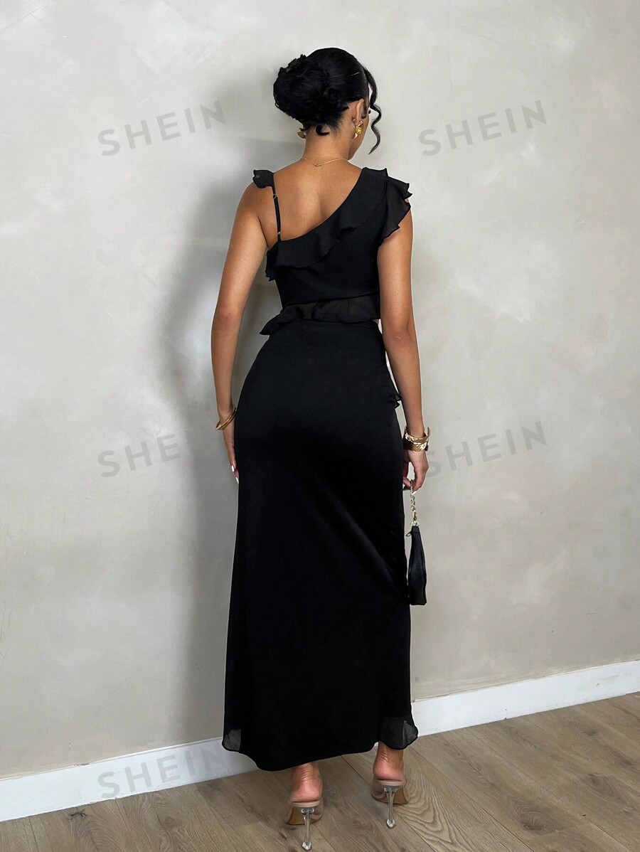 SHEIN BAE Frill Trimmed See-Through High Slit Mesh Dress Black Maxi Dress Old Money Style 70s ...