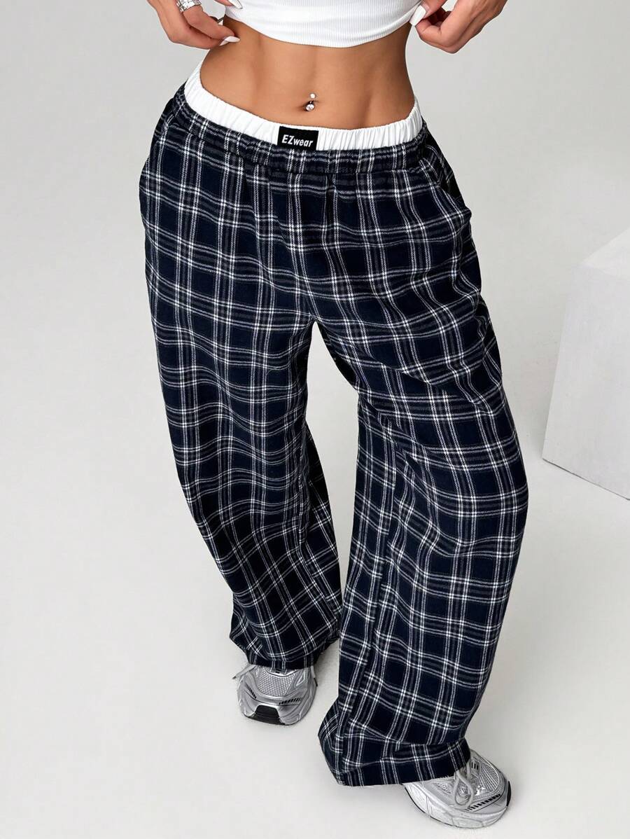 SHEIN EZwear Calça Pantalona Xadrez Colorblock com Dupla Faixa de ...