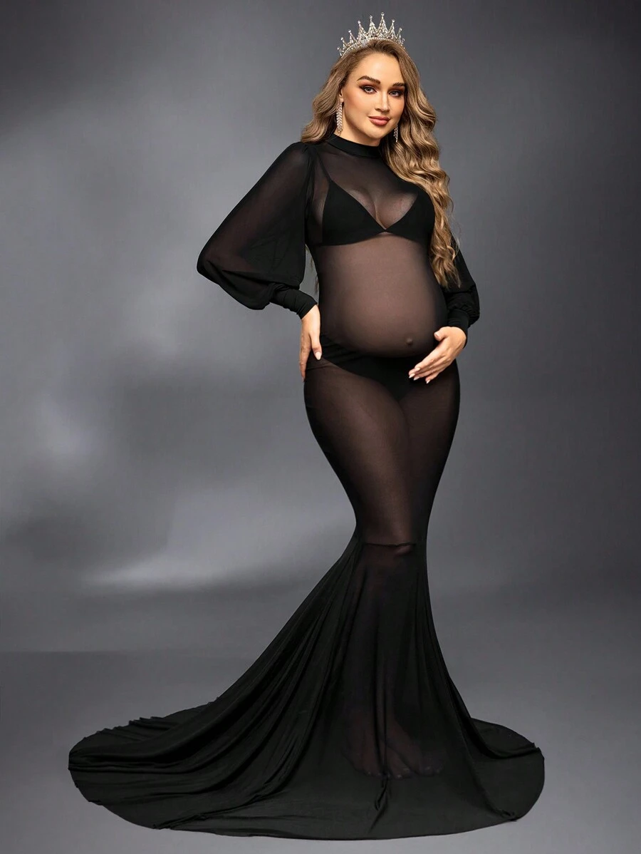Cheriluna Maternity Maternity See-Through Long Sleeve Mermaid Photoshoot Dress | SHEIN USA