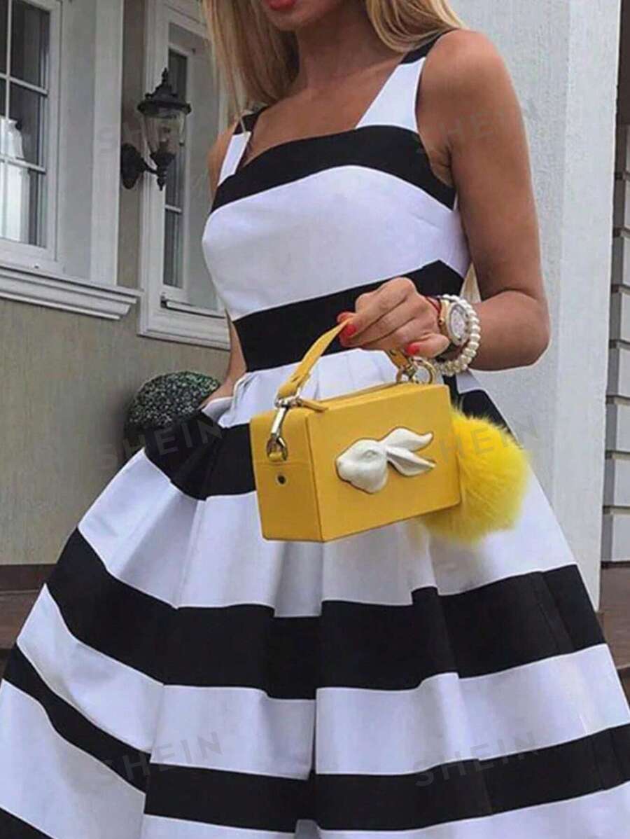 SHEIN Raffinéa French Style Black Striped Sleeveless Dress, Must-Have ...