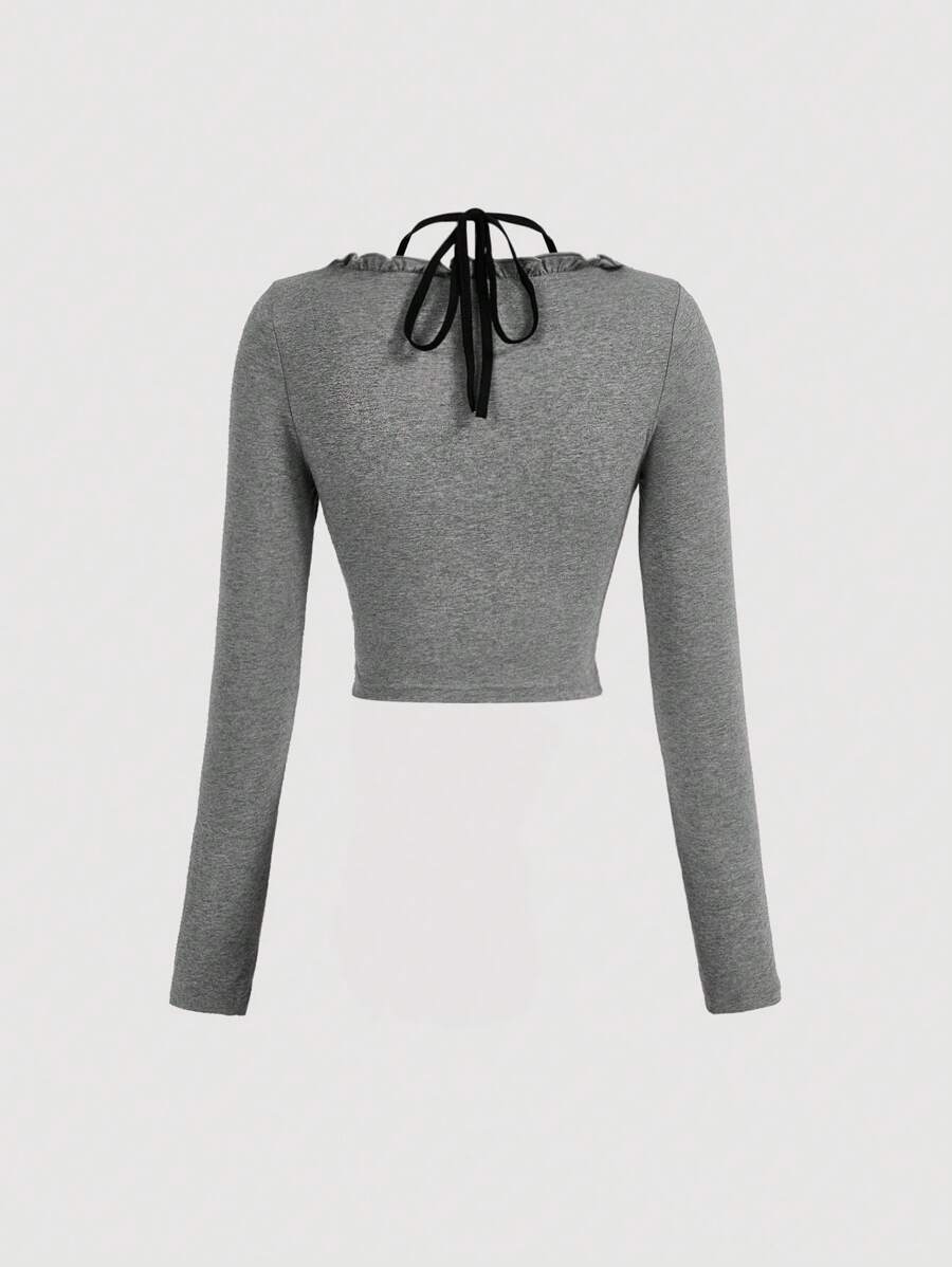 SHEIN MOD Women's Grey 2 In 1 T-Shirt, Bow Knot Top, Knitted Autumn Top ...
