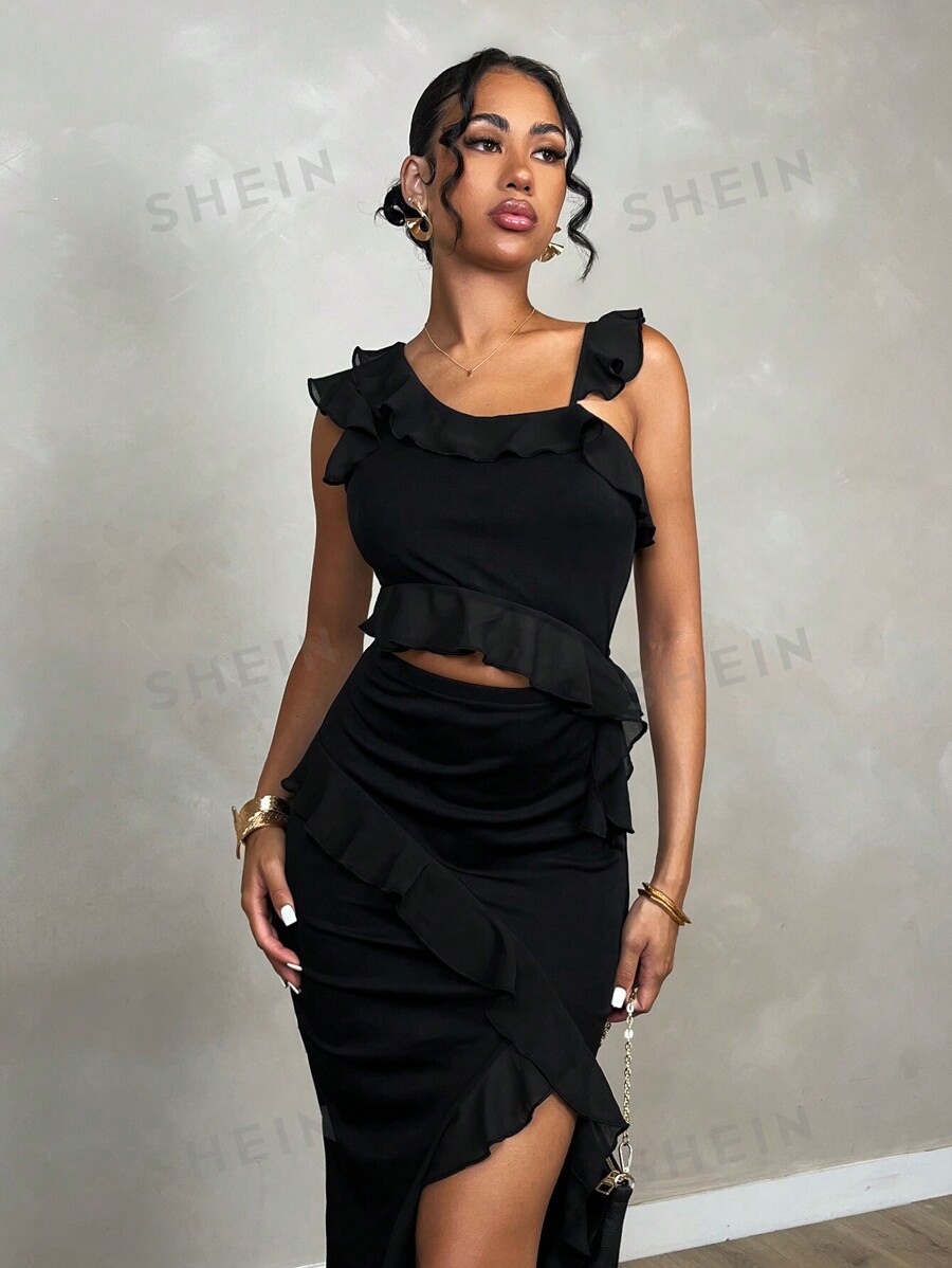 SHEIN BAE Frill Trimmed See-Through High Slit Mesh Dress Black Maxi Dress Old Money Style 70s ...