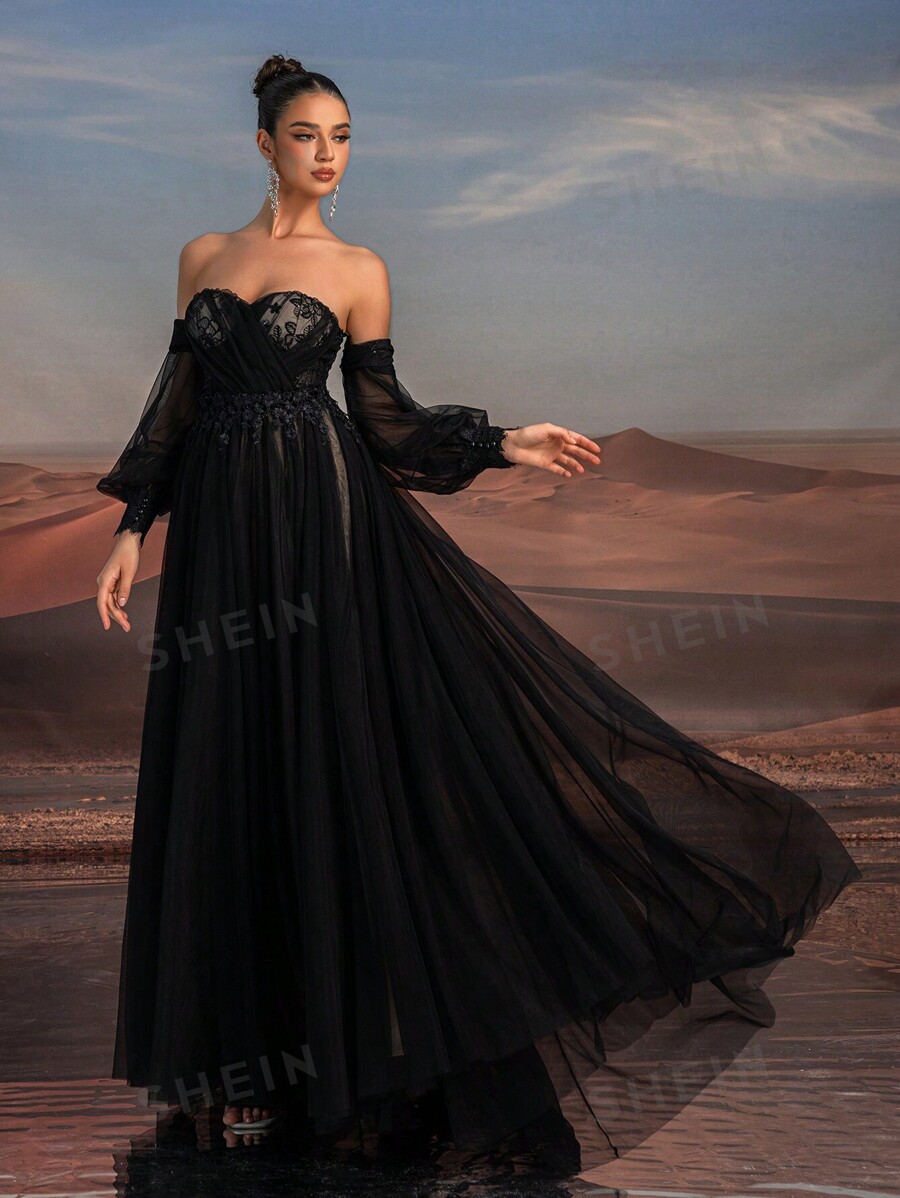 SHEIN Belle エレガントなバブルメッシュレースのウエディングドレス、シアーなバックとフロウィベール | SHEIN JAPAN