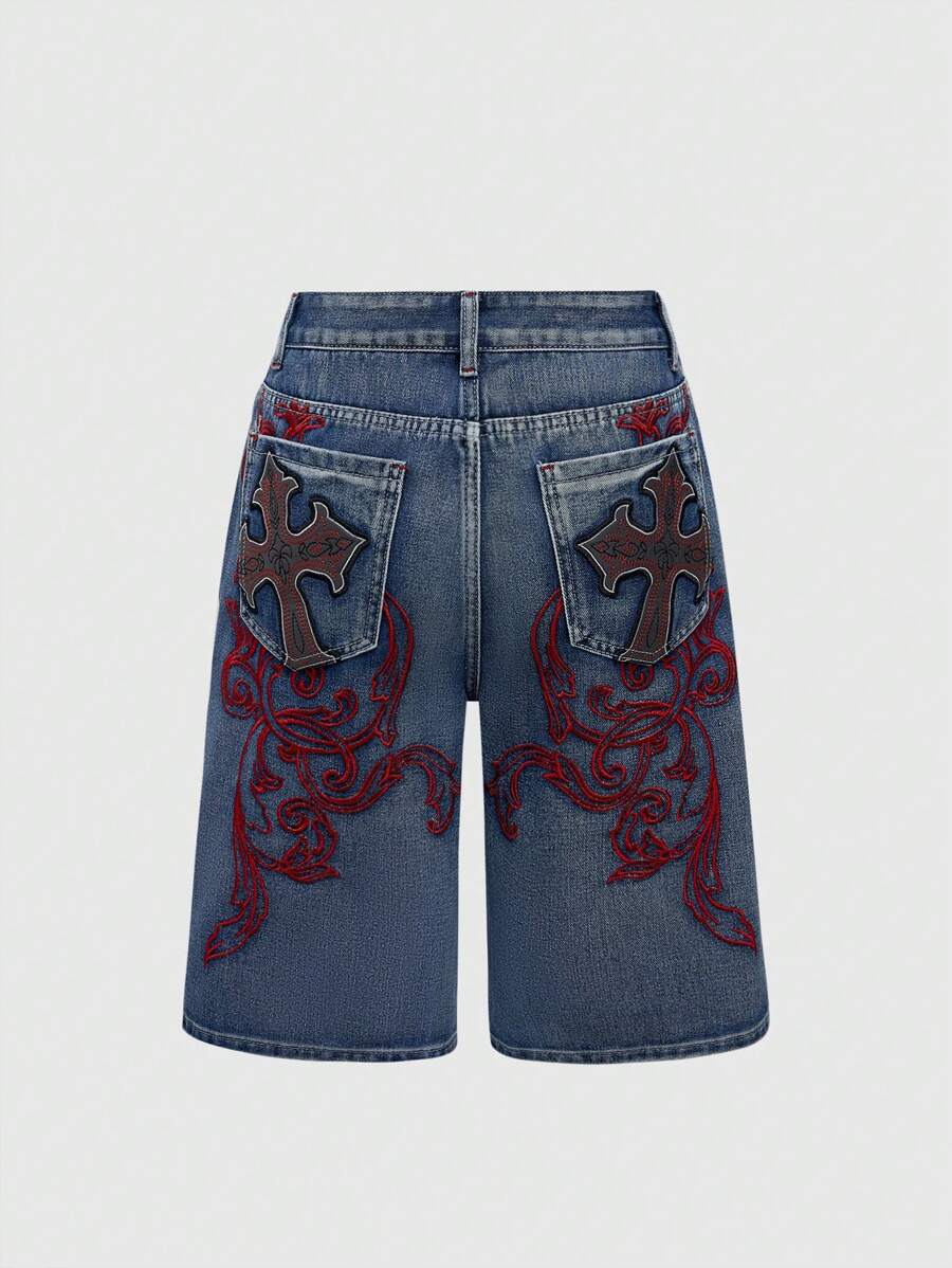 Is That The New Grunge Punk Cross Embroidered Denim Shorts, Jorts ??| ROMWE