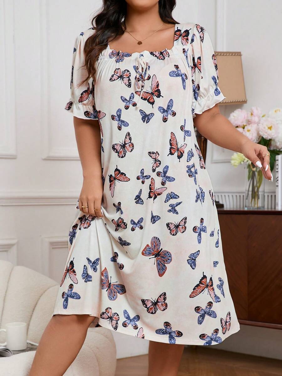 Plus Size Butterfly Printed Loose-Fit Nightgown With Square Neckline ...
