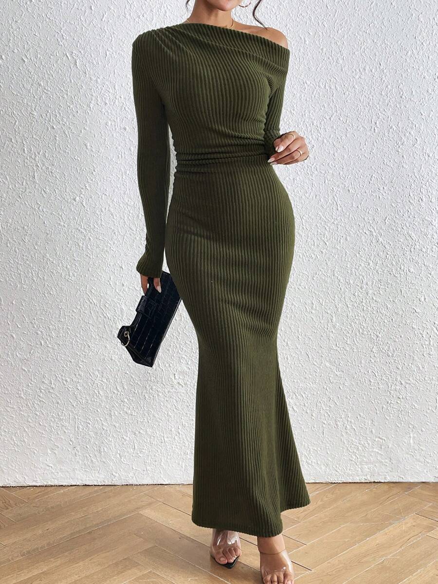 Calvaya Asymmetric Ruched Slant Shoulder Fish Tail Hem Long Sleeve ...