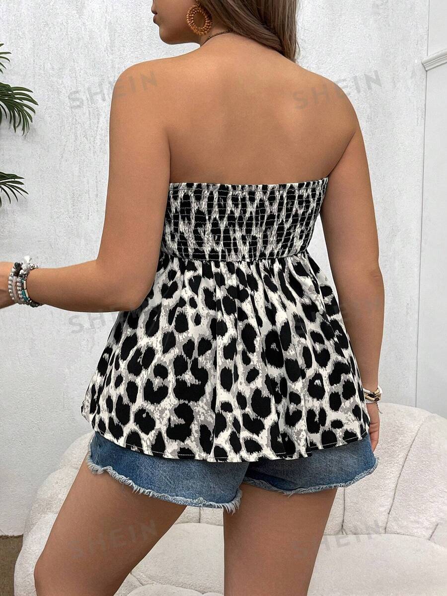 SHEIN VCAY Plus Size Leopard Print Vacation Bandeau Top With Back Tie ...