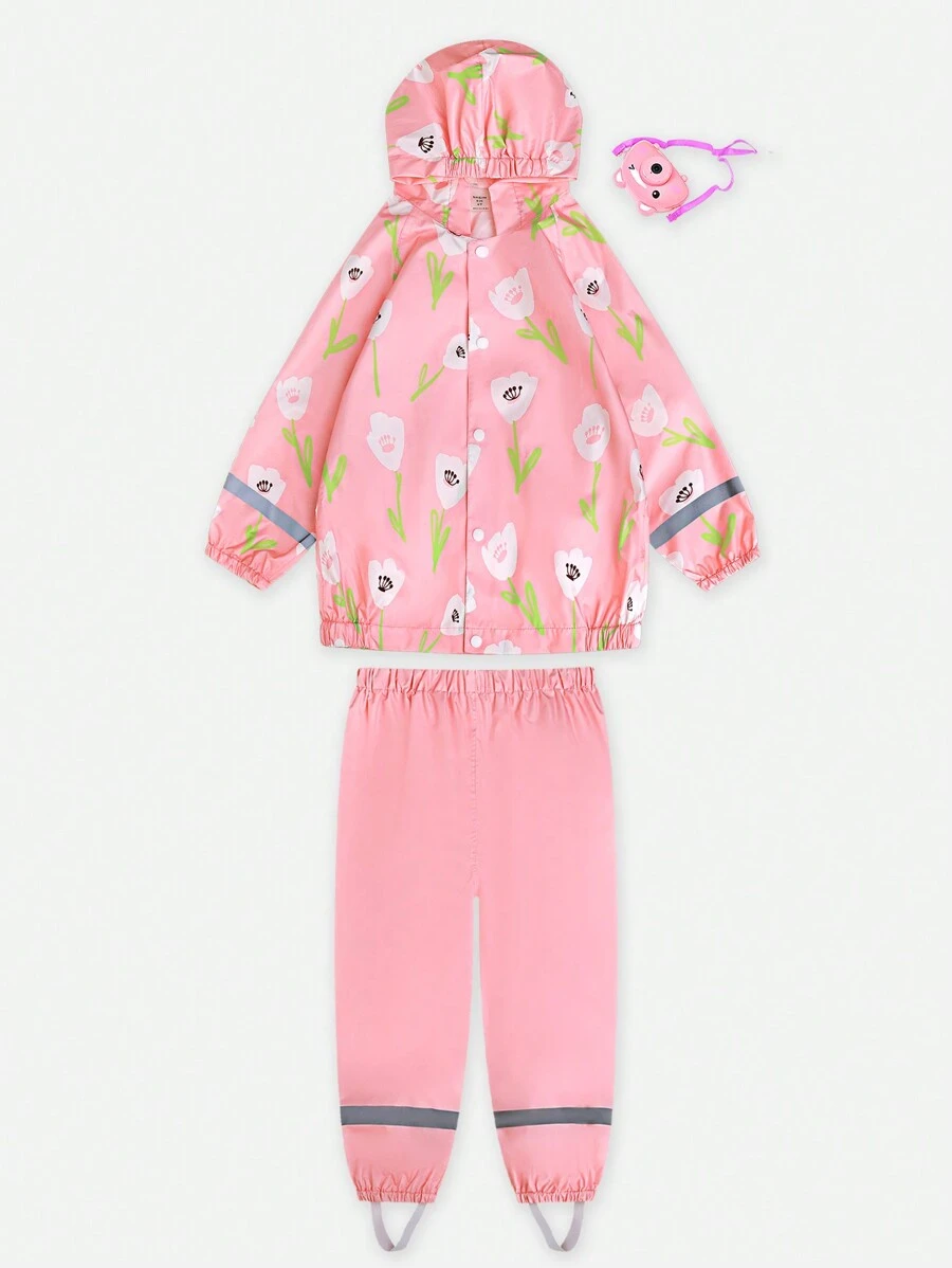 Girls' Pink Hooded Raincoat Set With Simple Floral Printed Long Pants ...
