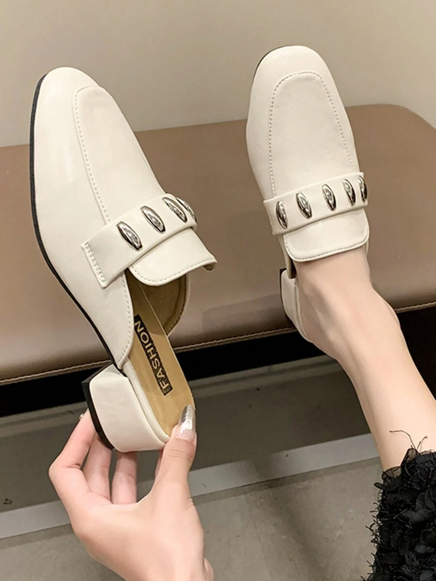 Women's White Loafers, Square Toe Mary Jane Shoes With Chunky Heels ...