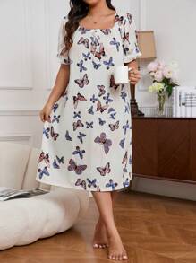 Plus Size Butterfly Printed Loose-Fit Nightgown With Square Neckline ...