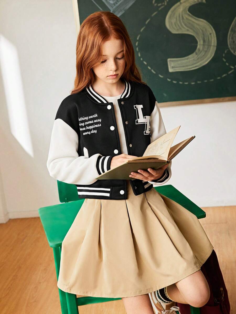 SHEIN 2pcs School Uniform Set For Tween Girls, American Style Bomber Jacket & Pleated Skirt ...