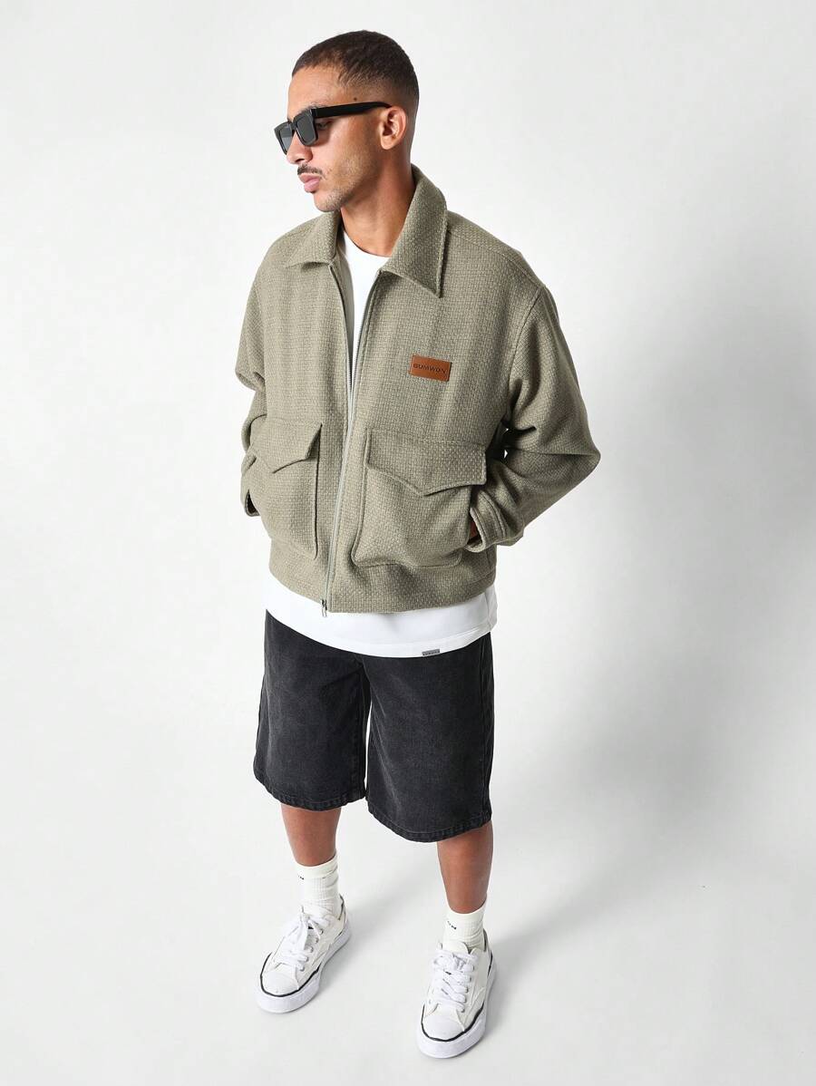 SUMWON Boxy Fit Textured Zip Up Jacket With PU Patch Label | SHEIN UK