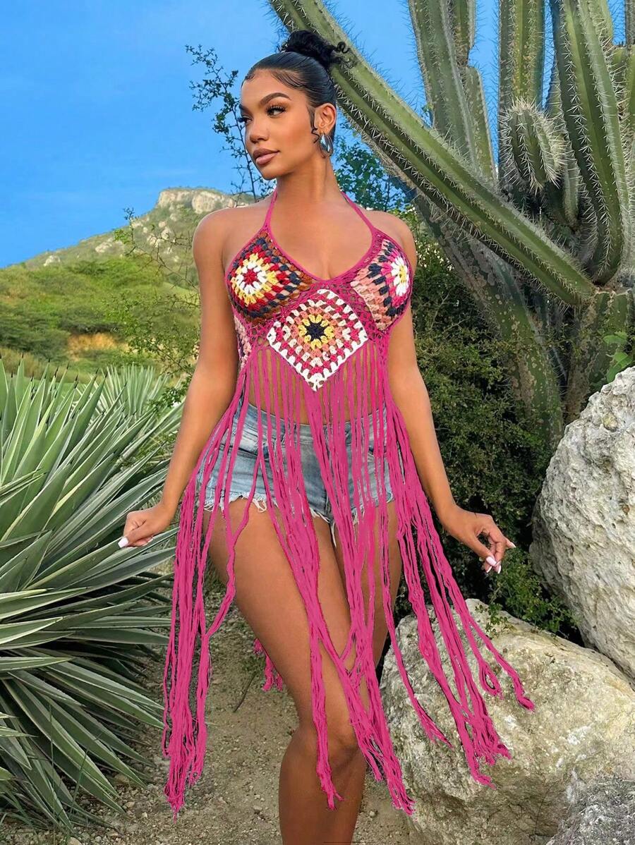 Zolique Boho Crochet Fringe Knitted Hollow-Out Camisole, Pure Handmade ...