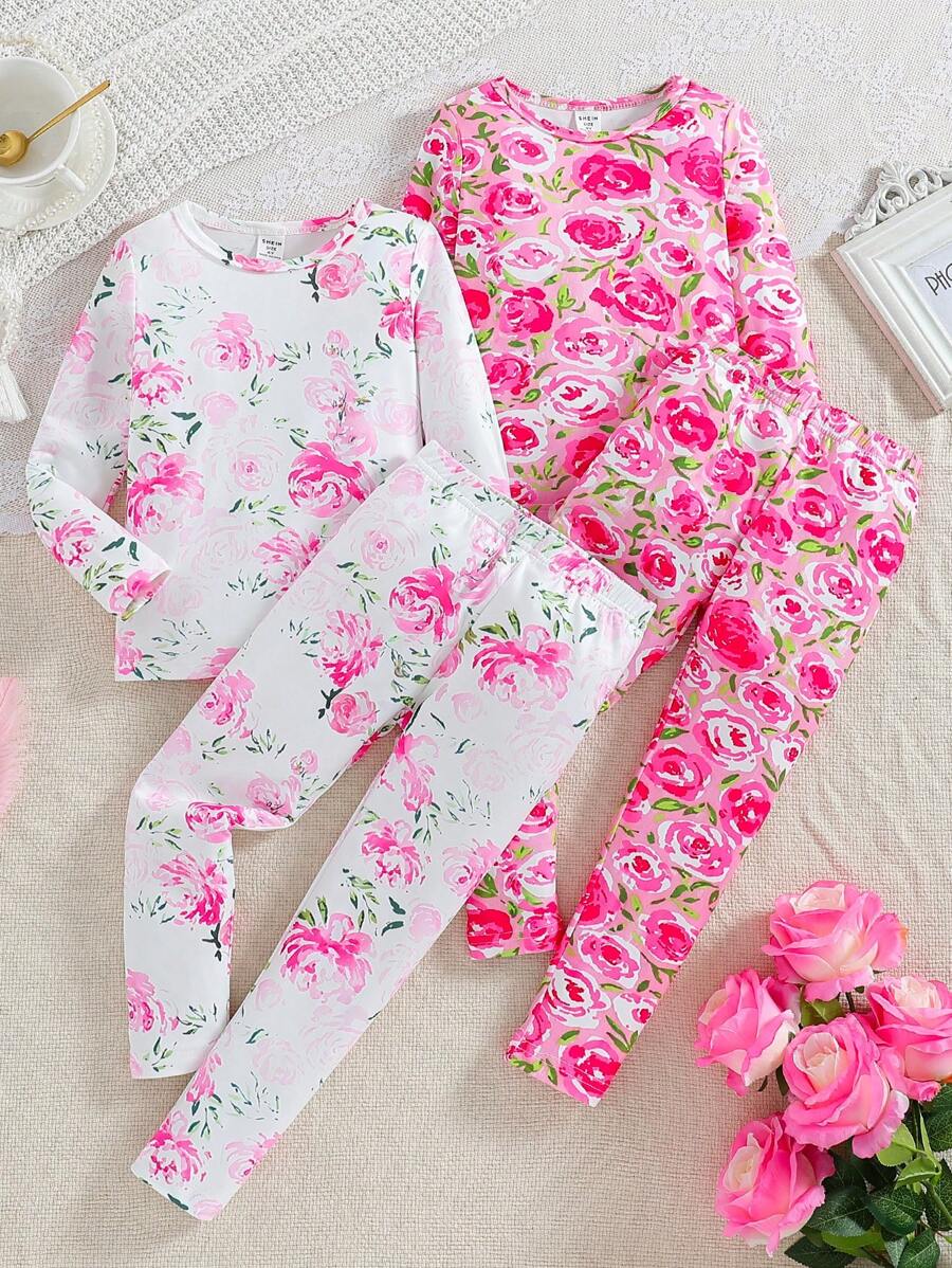 2pcs Young Girl Pajamas Set - Vintage Floral All Over Print Snug Fit ...