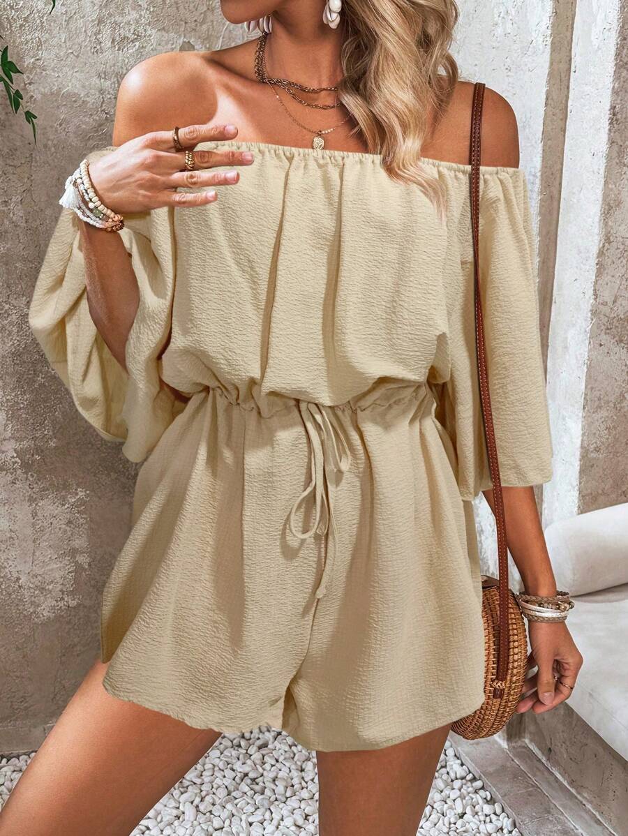 Breezaya Solid Color Off Shoulder Flare Sleeve Jumpsuit, Perfect For Vacation And Leisure ...
